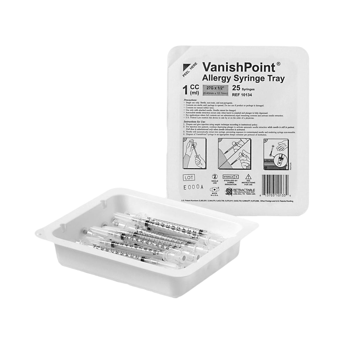 Safety Allergy Tray Vanishpoint® 1 Ml 1/2 Inch 27 Gauge Retractable Sa ...